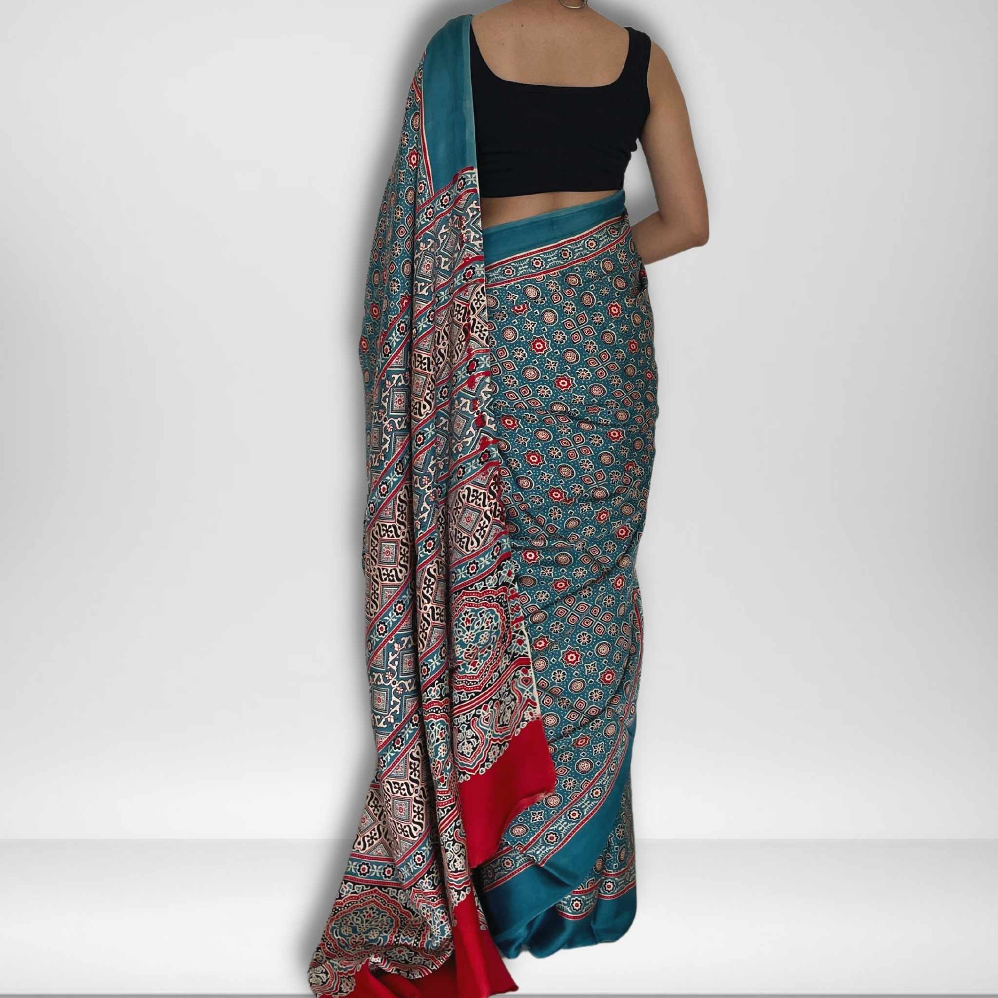 Lavanya- Sea Blue & Red Modal Ajrak Saree | Shobhangini