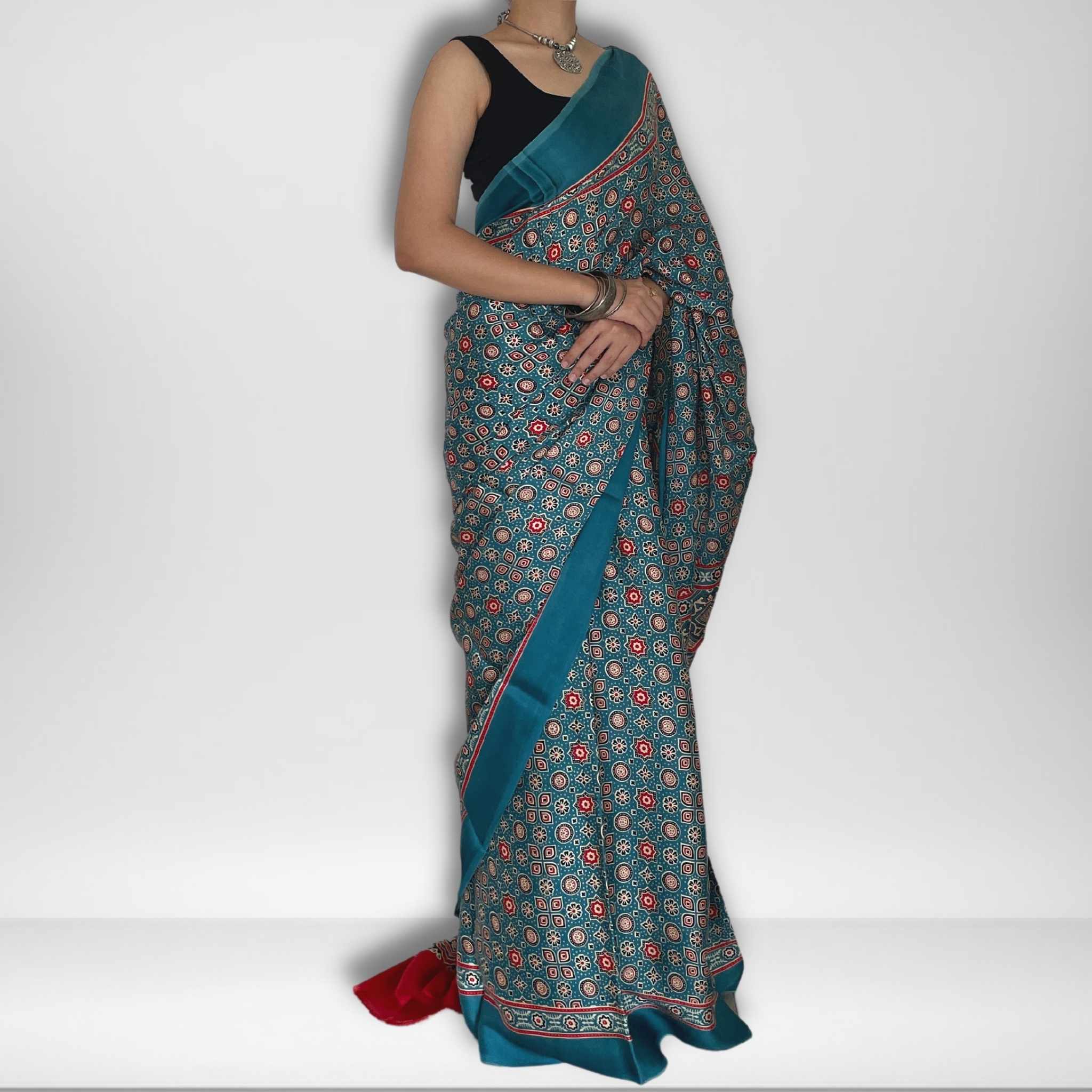 Lavanya- Sea Blue & Red Modal Ajrak Saree | Shobhangini