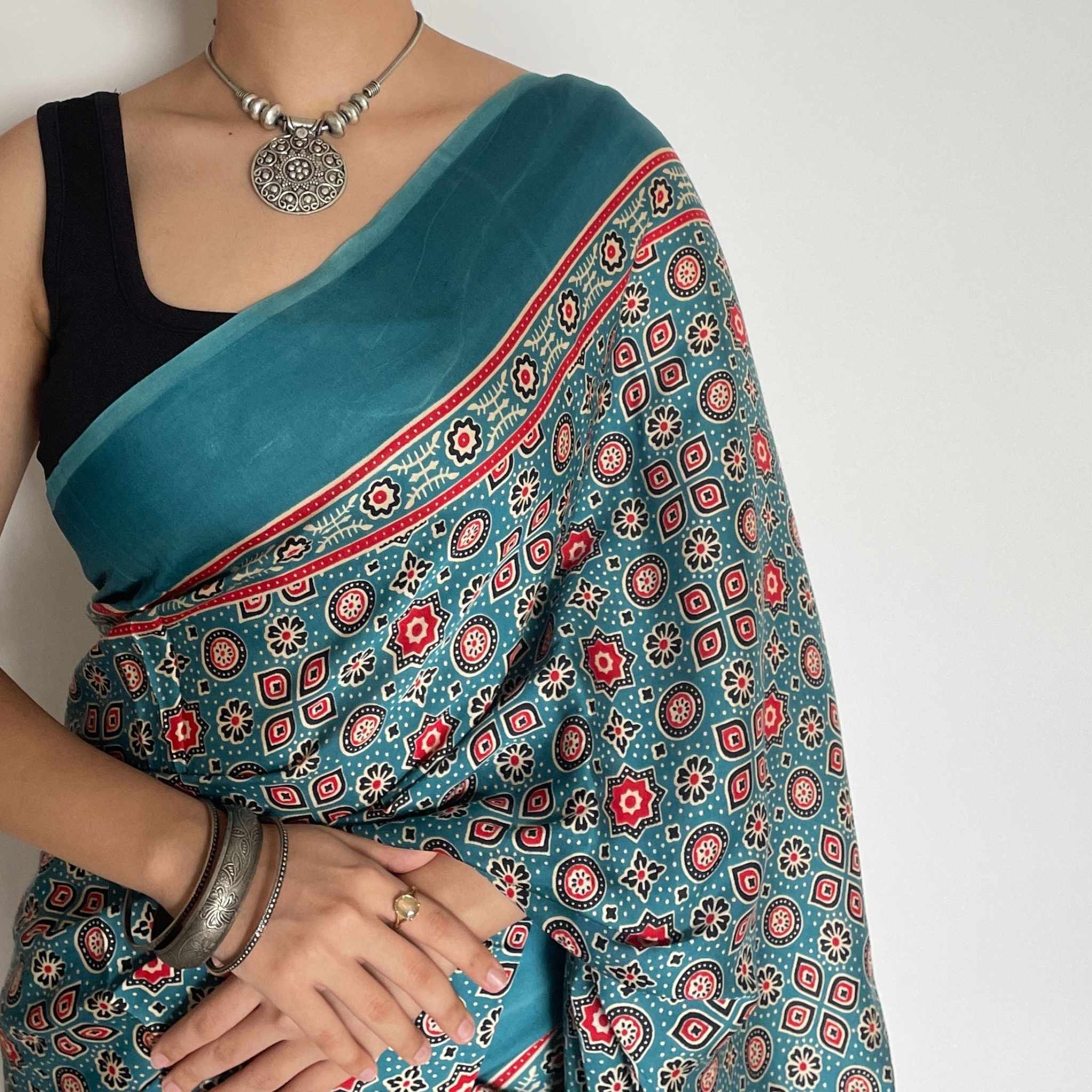Lavanya- Sea Blue & Red Modal Ajrak Saree | Shobhangini