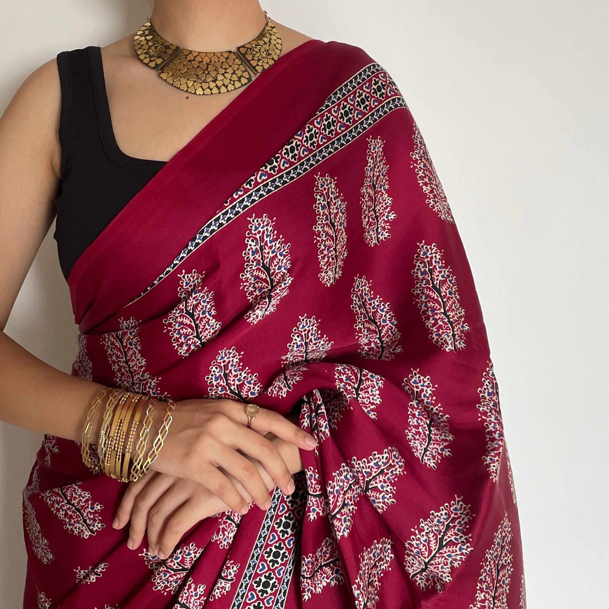 Radhika- Maroon, Black & Blue Modal Ajrak Saree | Shobhangini